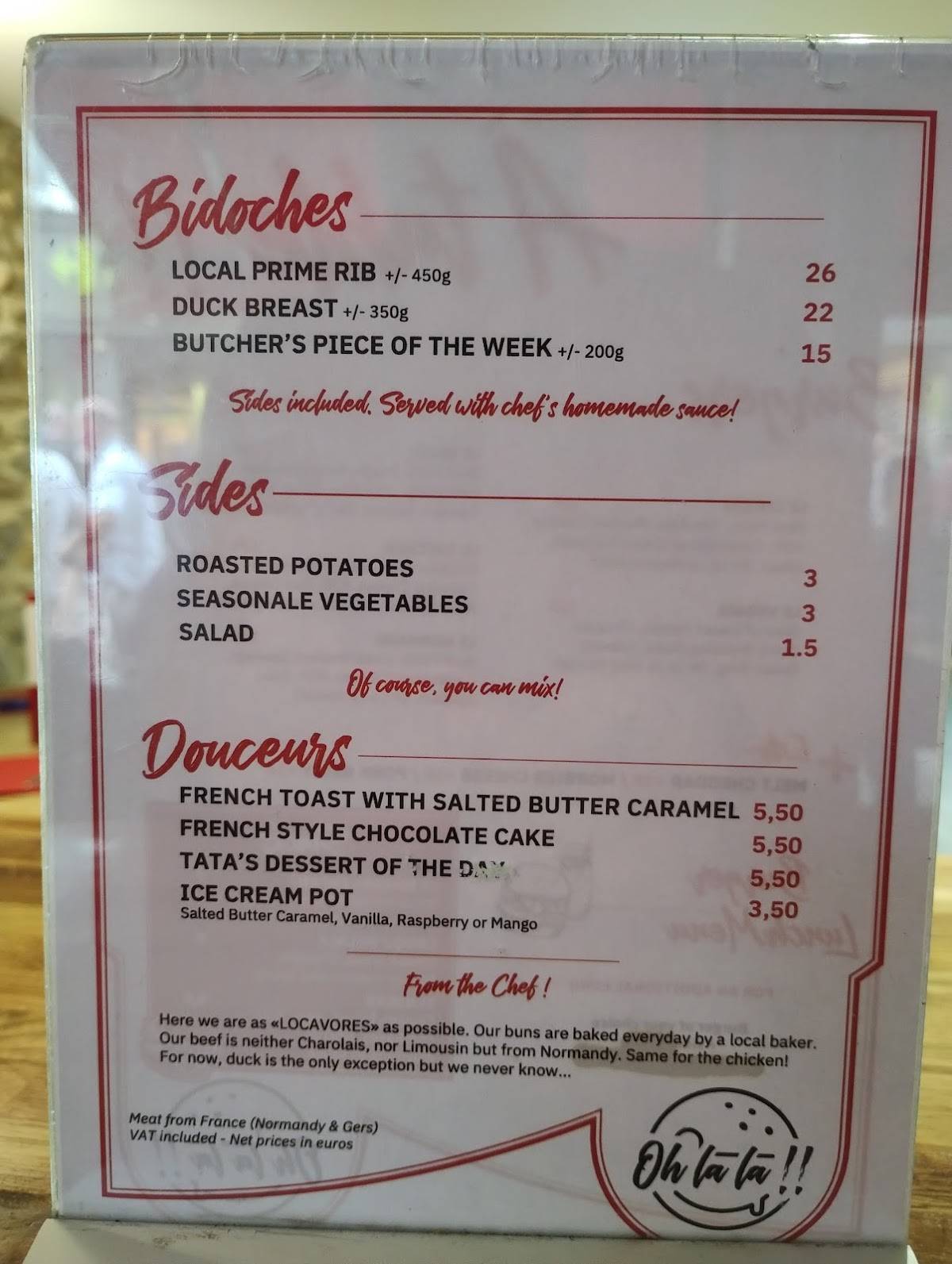 Menu at Oh La La !! restaurant, Bayeux