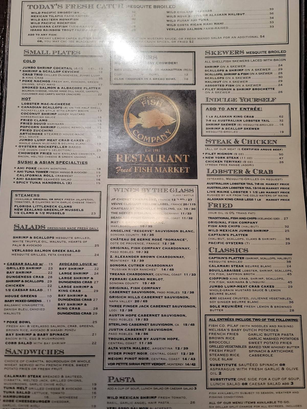 Menu at Original Fish Co. restaurant, Los Alamitos