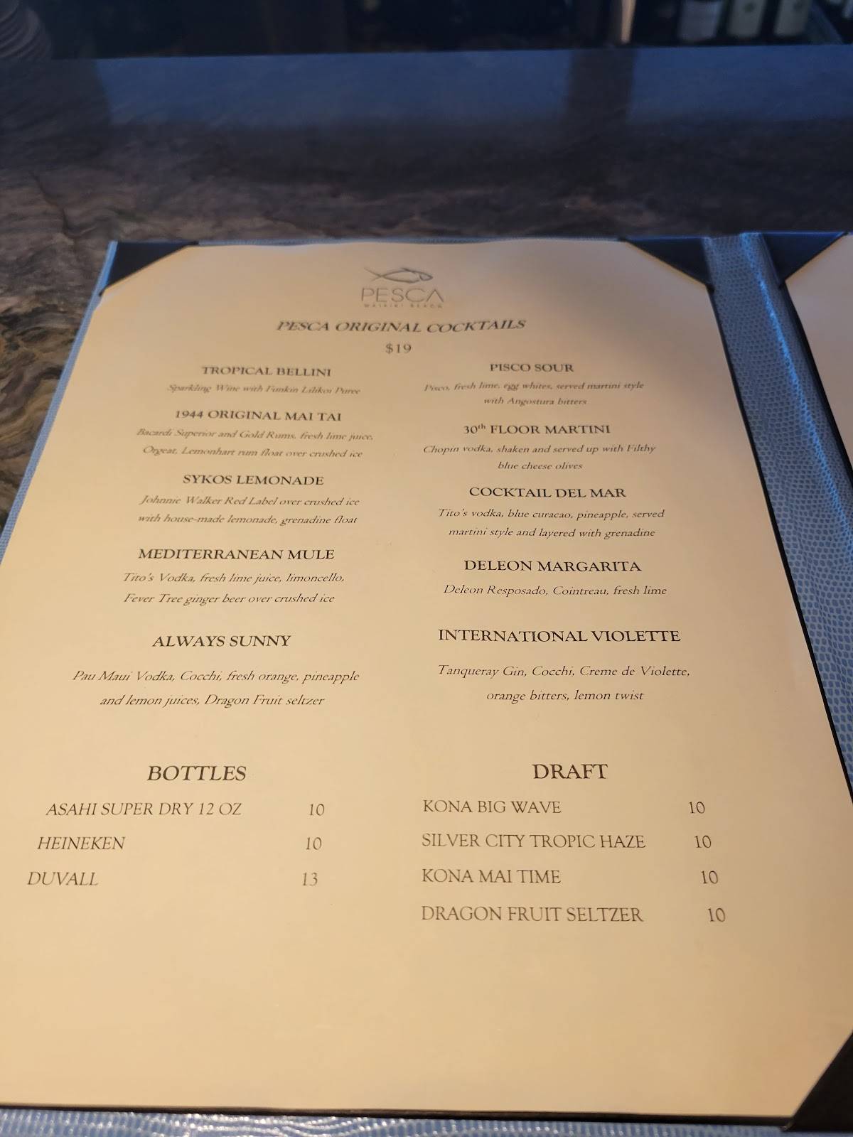 Menu at PESCA Waikiki Beach restaurant, Honolulu