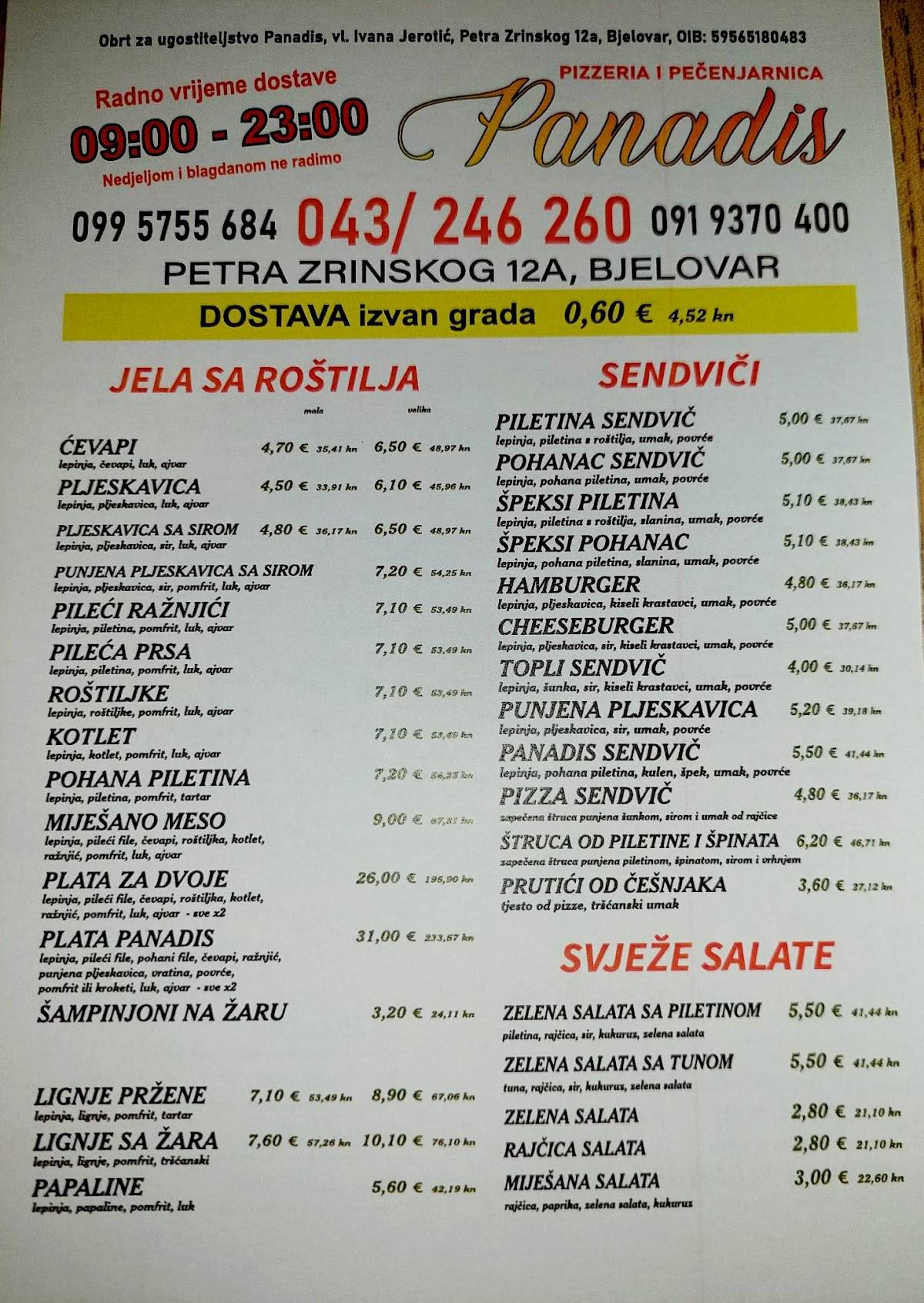 Menu at Panadis restaurant, Bjelovar