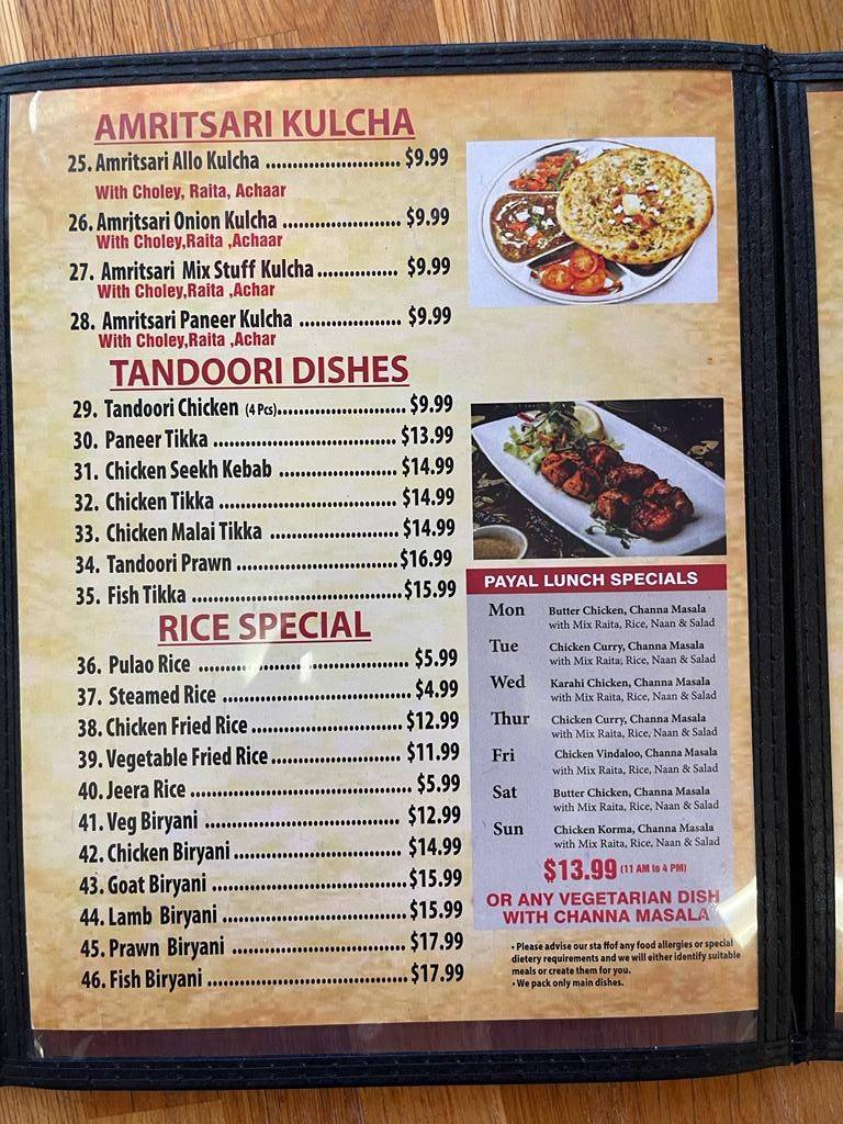 Menu at Payal Chaat House and Restaurant, Surrey