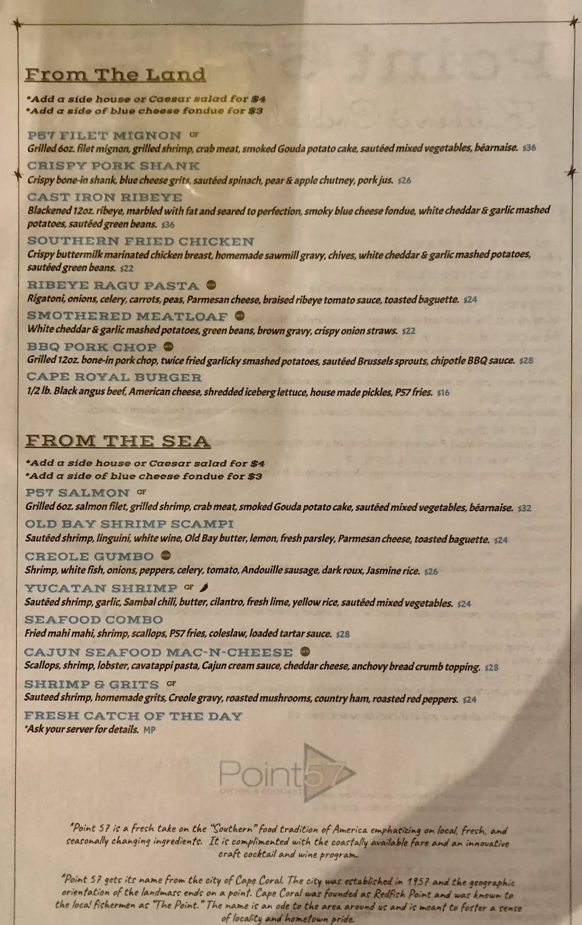Menu at Point 57 Kitchen & Cocktails restaurant, Cape Coral