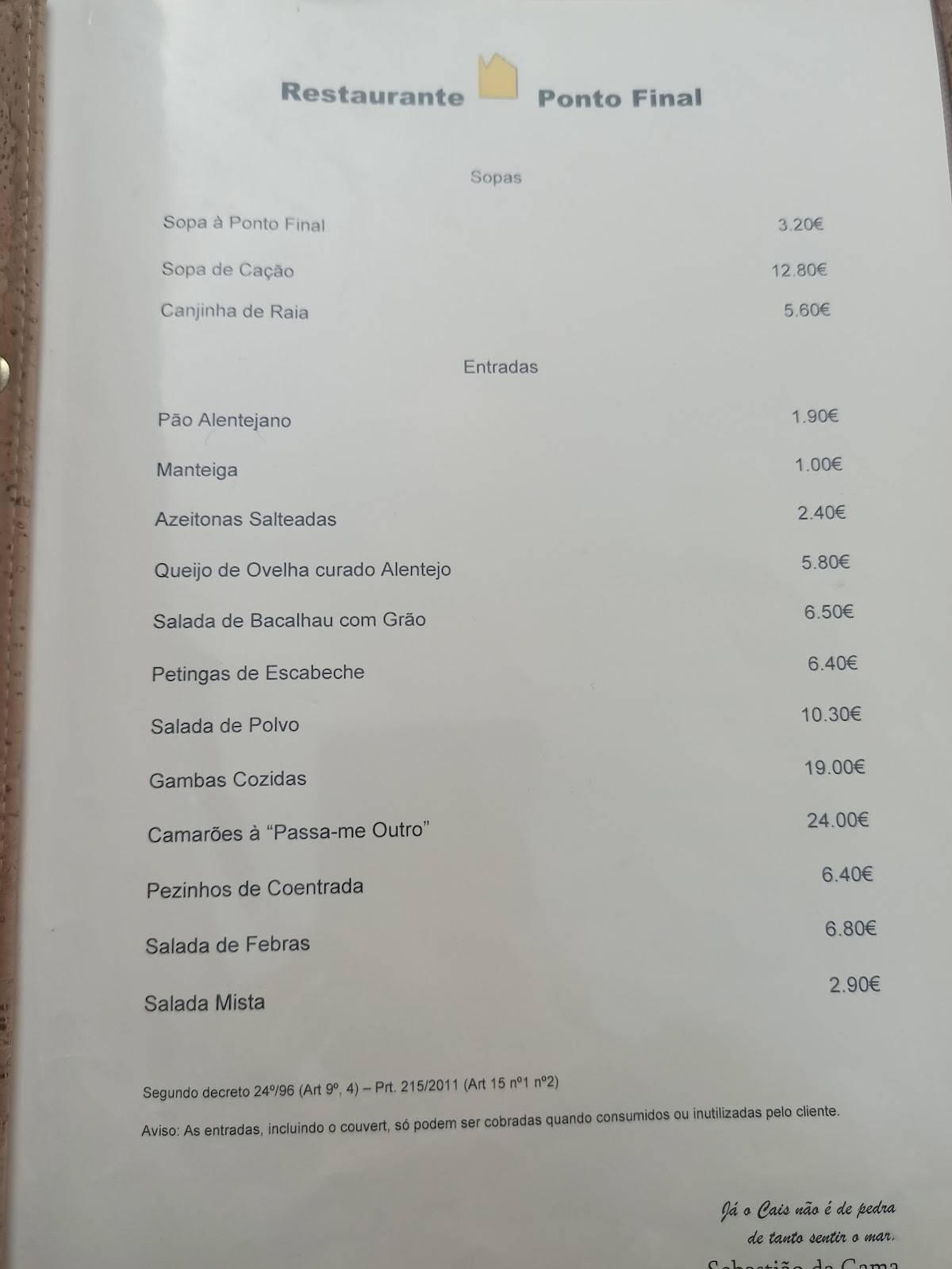 Menu at Ponto Final restaurant, Almada