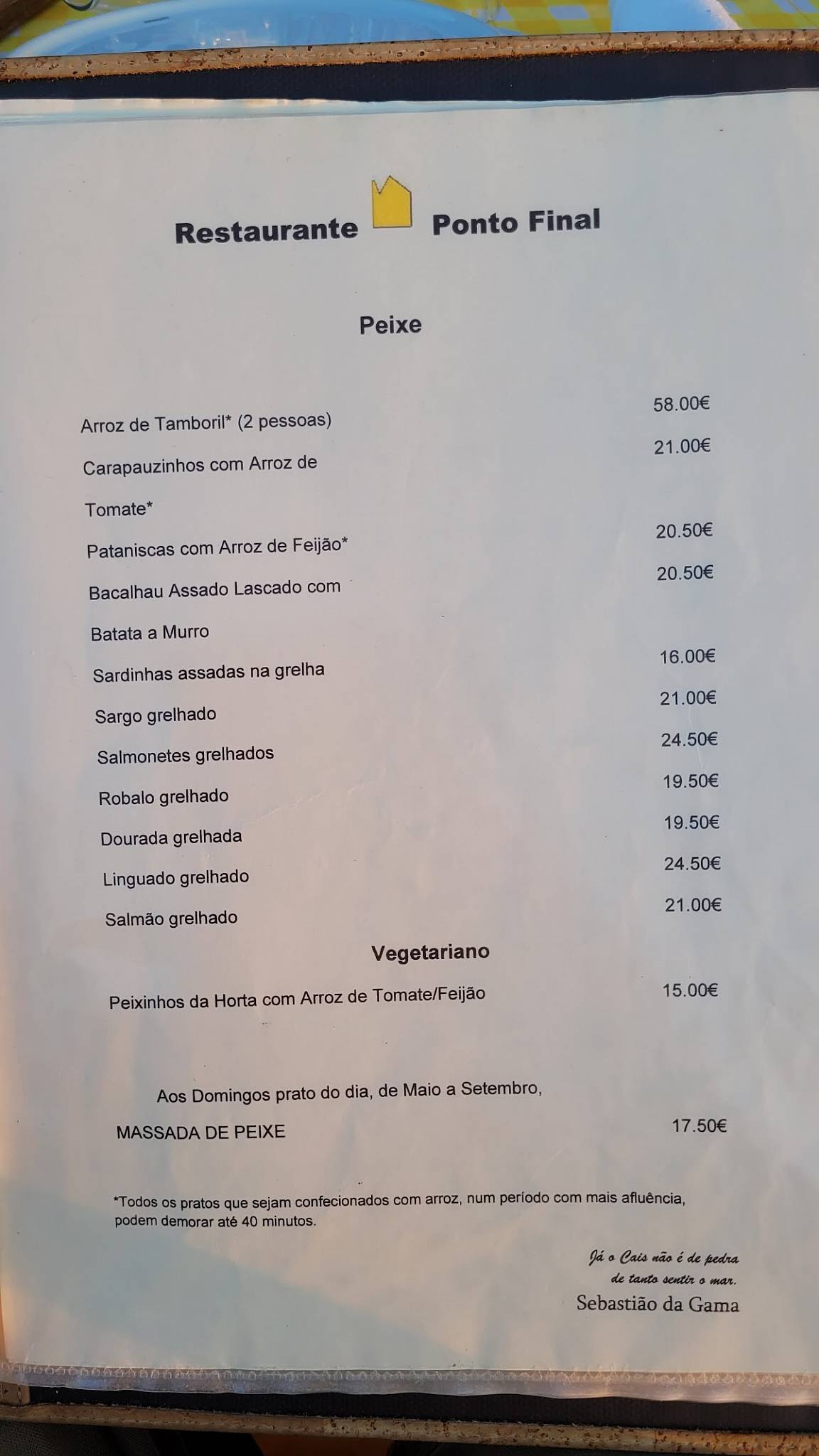 Menu at Ponto Final restaurant, Almada