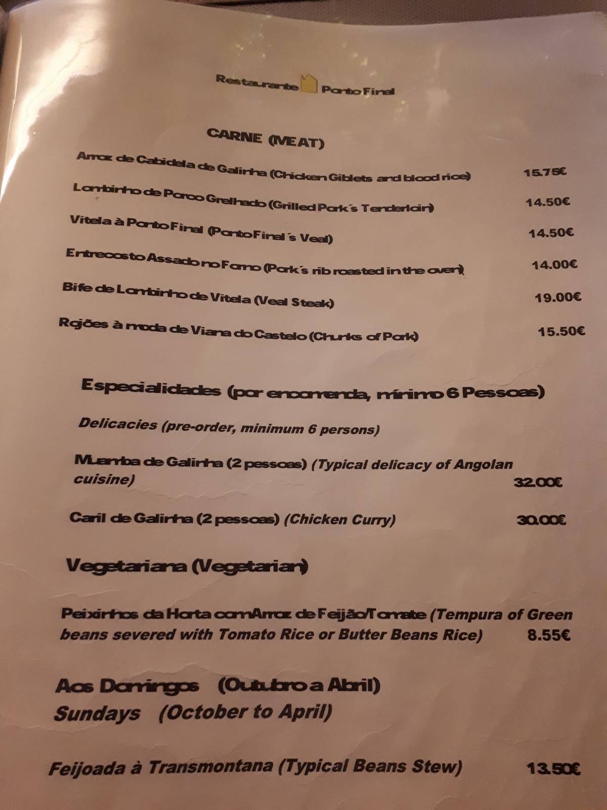 Menu at Ponto Final restaurant, Almada