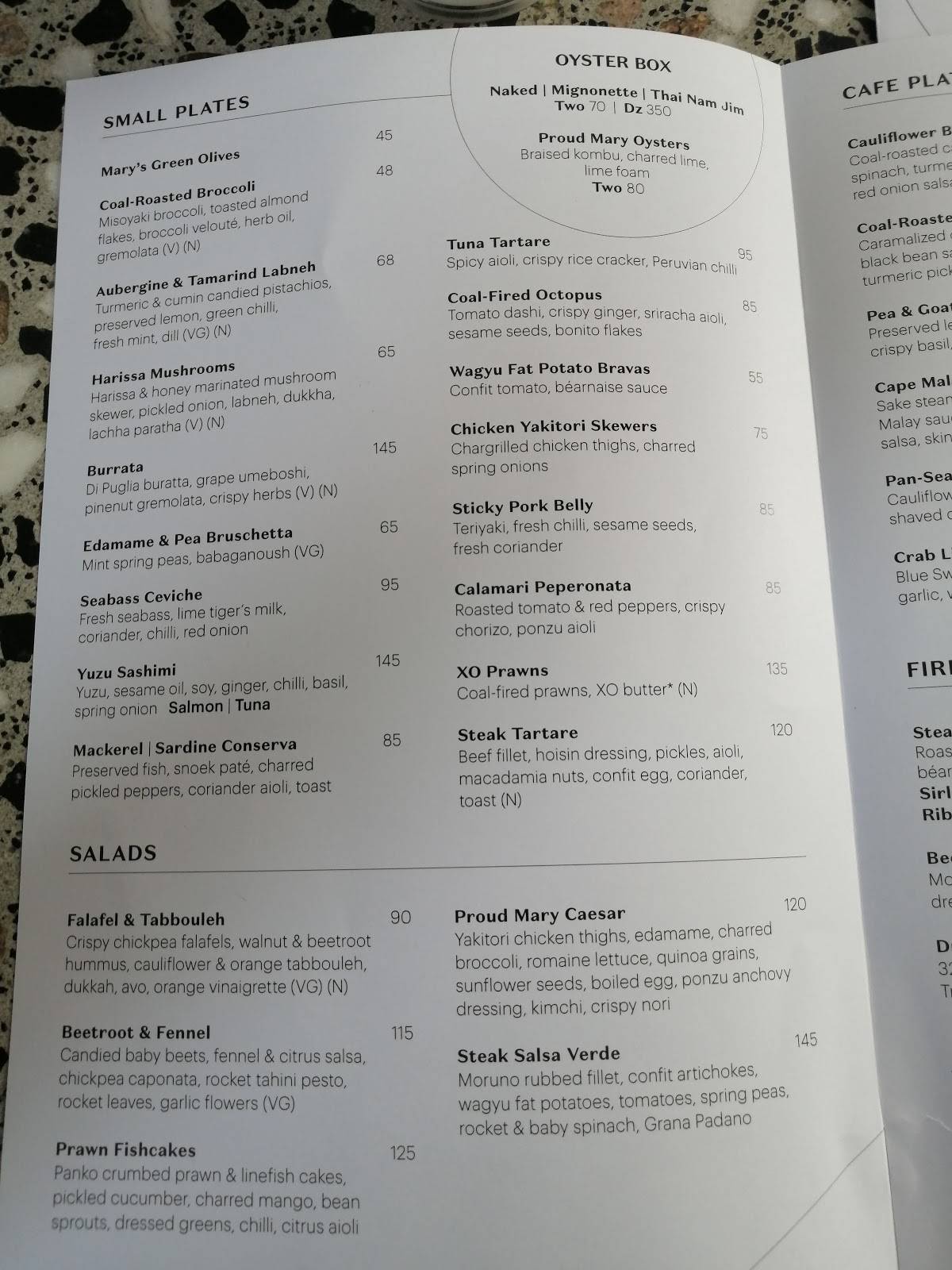 Menu at PROUD MARY restaurant, Johannesburg, The Bank