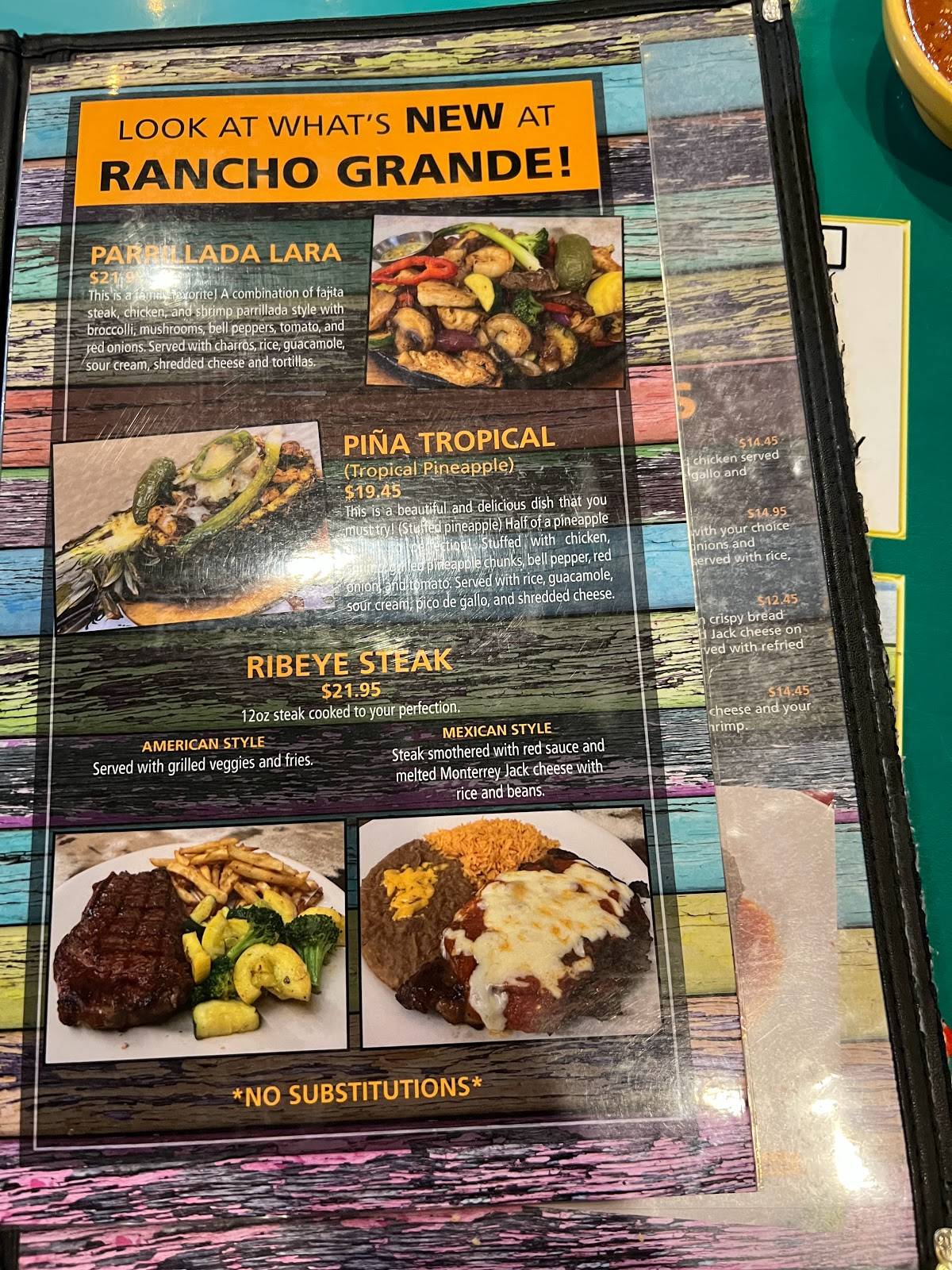 Menu at Rancho Grande restaurant, Carthage