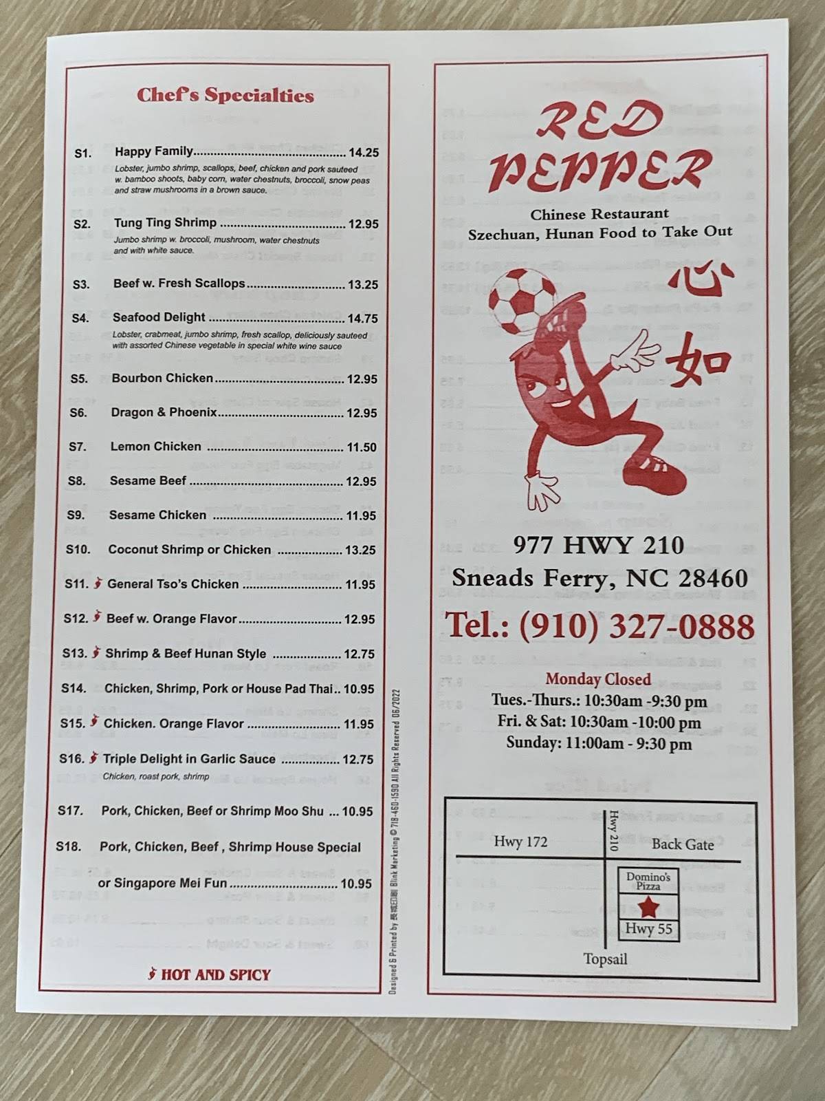 Menu at Red Pepper restaurant, Sneads Ferry