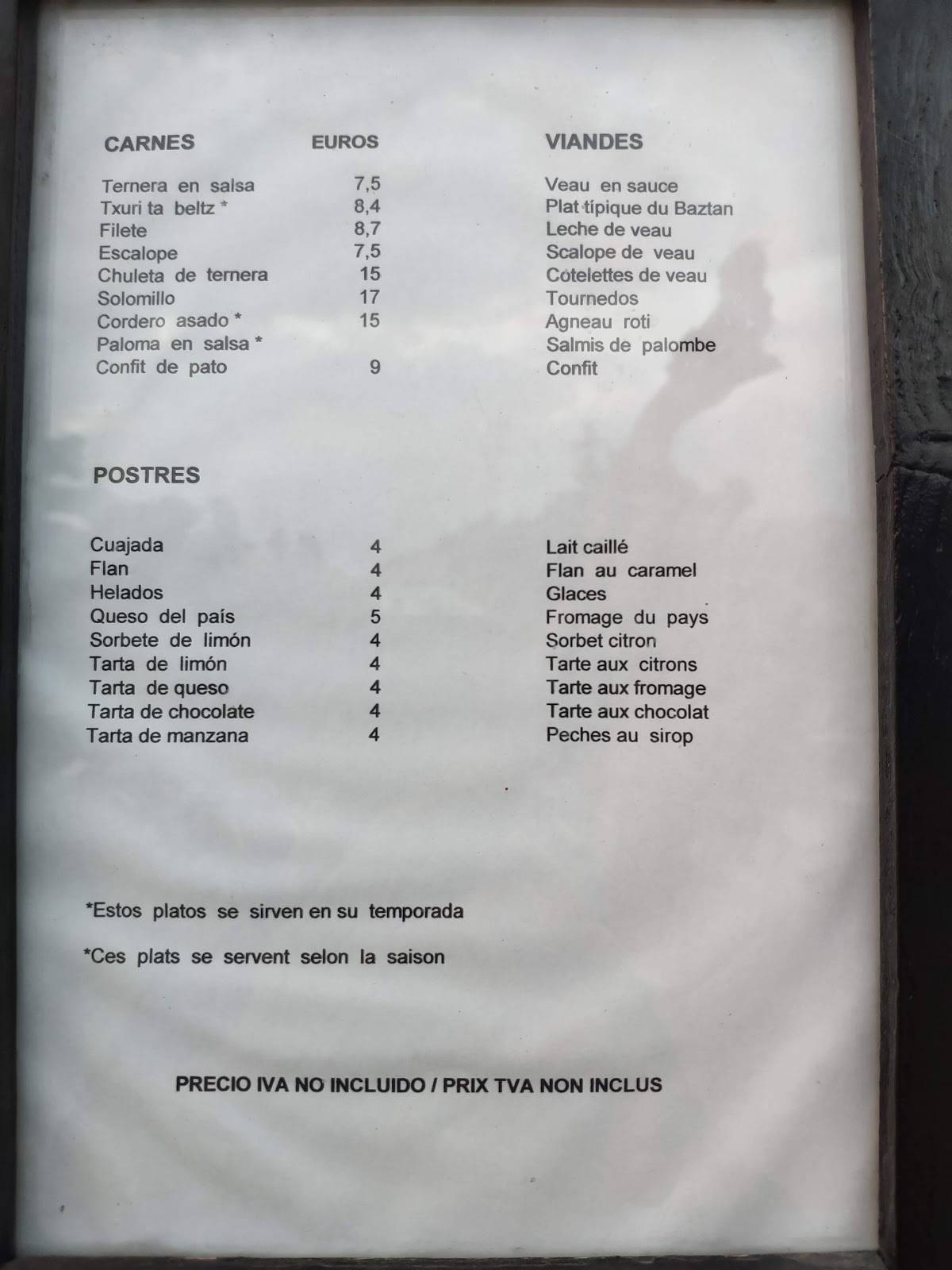 Carta de Restaurante Casa Galarza, Elizondo