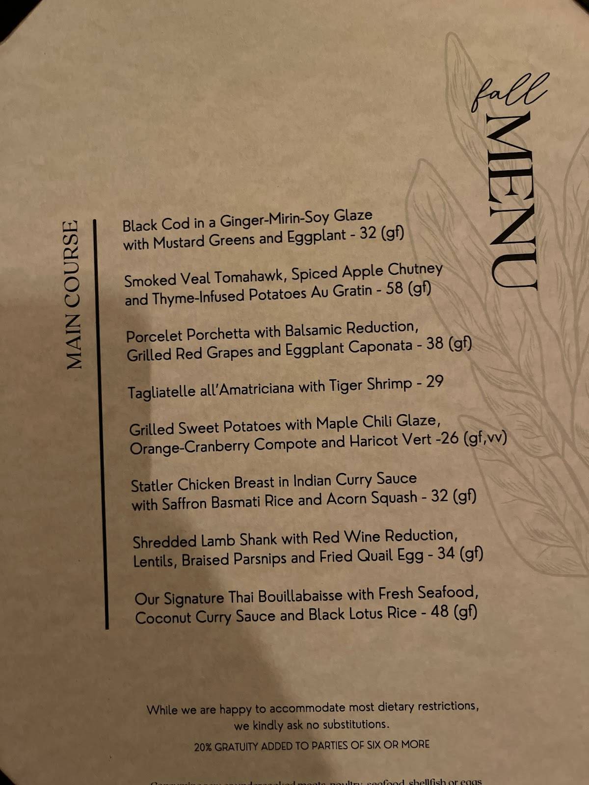 Menu at Sage restaurant, Sarasota
