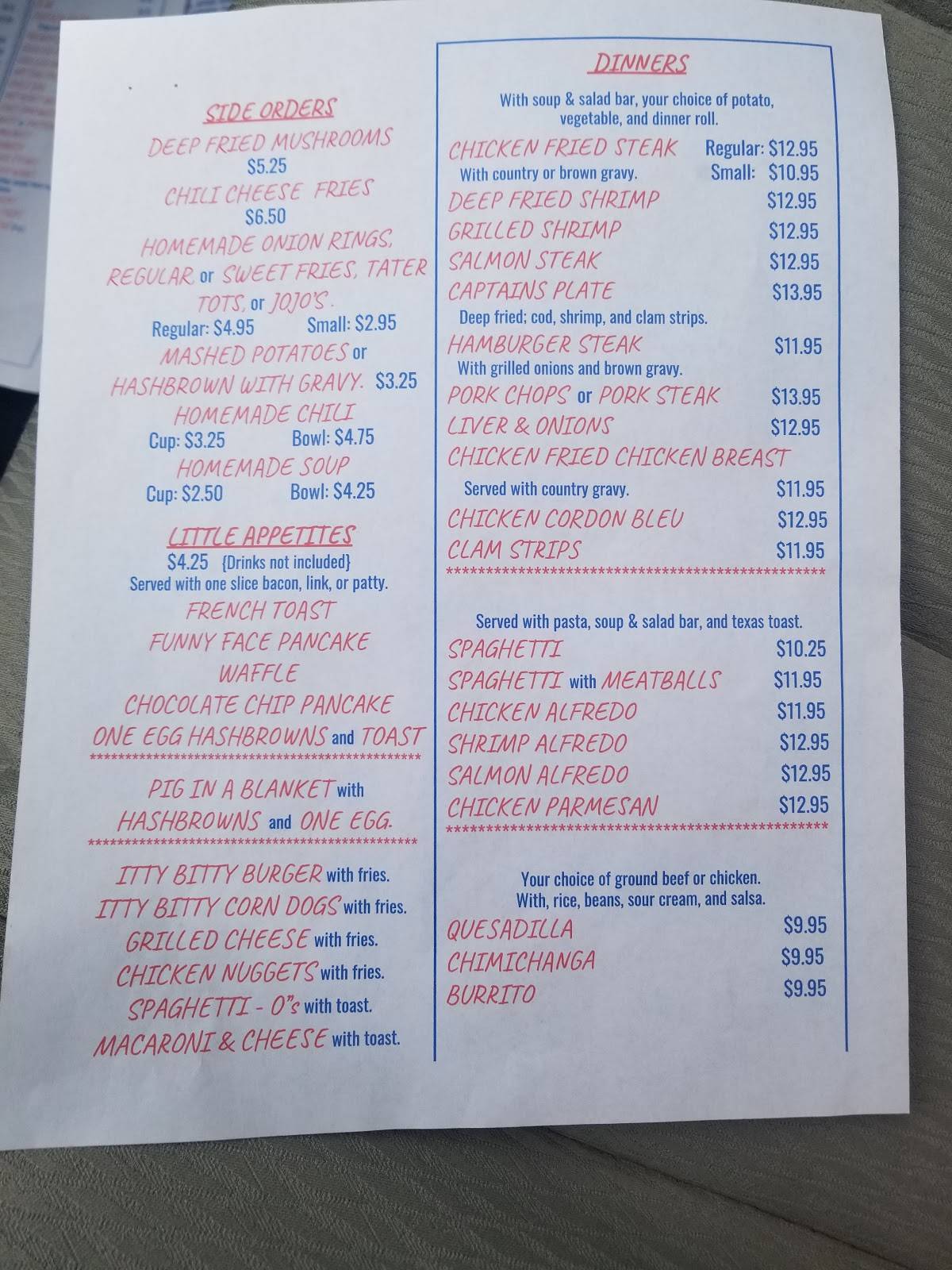 Menu at Sam's Restaurant, Kellogg