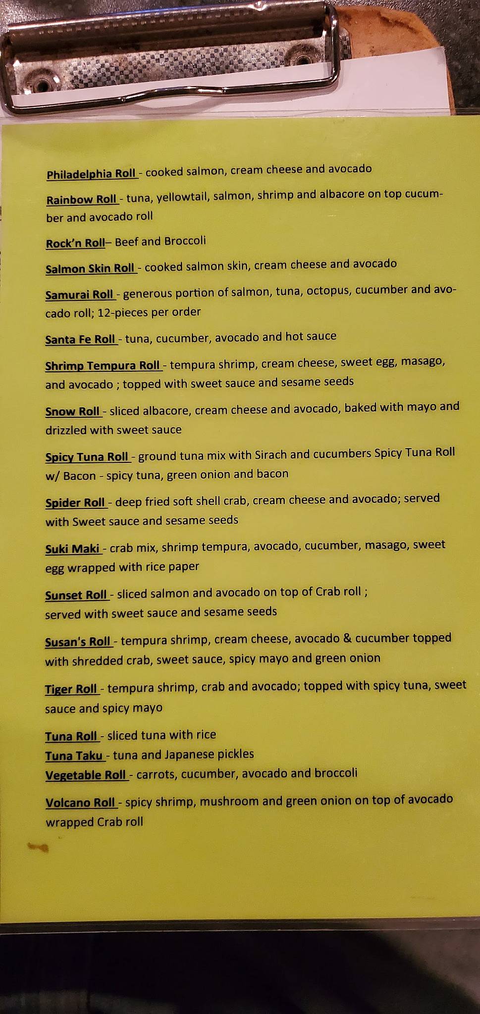 Menu at Samurai of Tokyo restaurant, Wichita Falls
