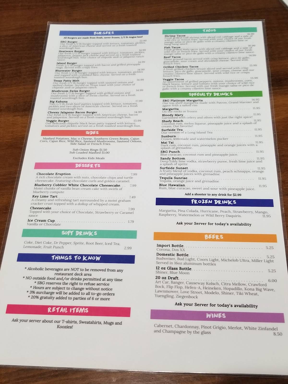 Menu at Seahorse Bar & Grill, Surfside Beach