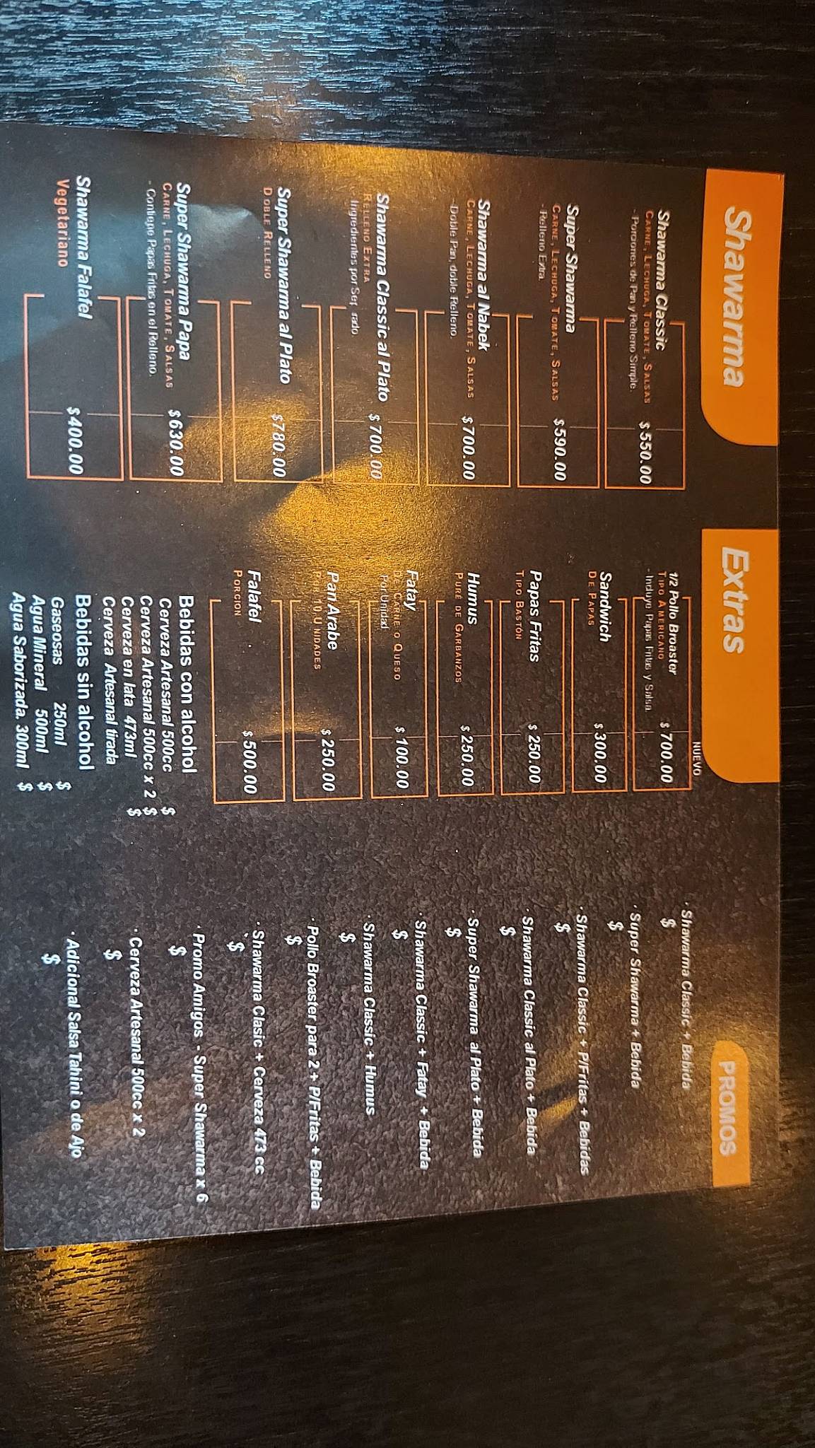 Carta del restaurante Shawarma al Nabek, Buenos Aires