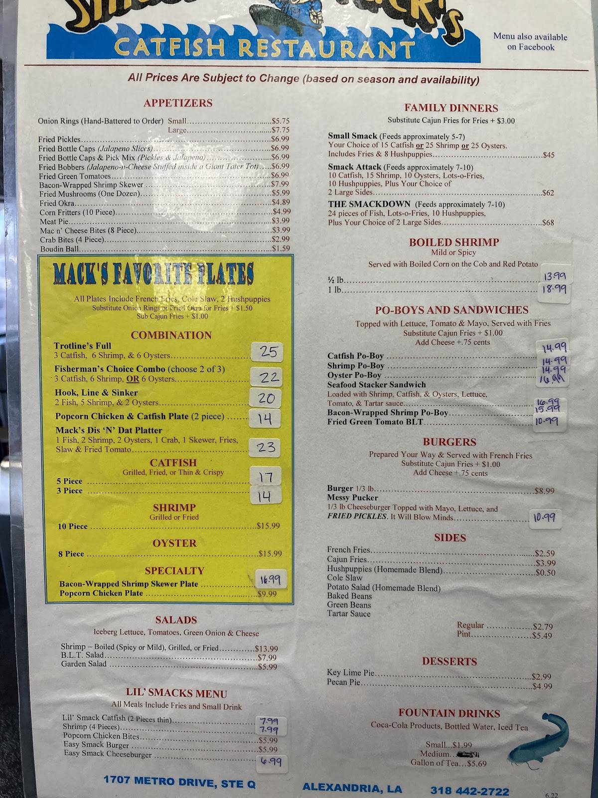 Menu at Smackin Mack's restaurant, Alexandria