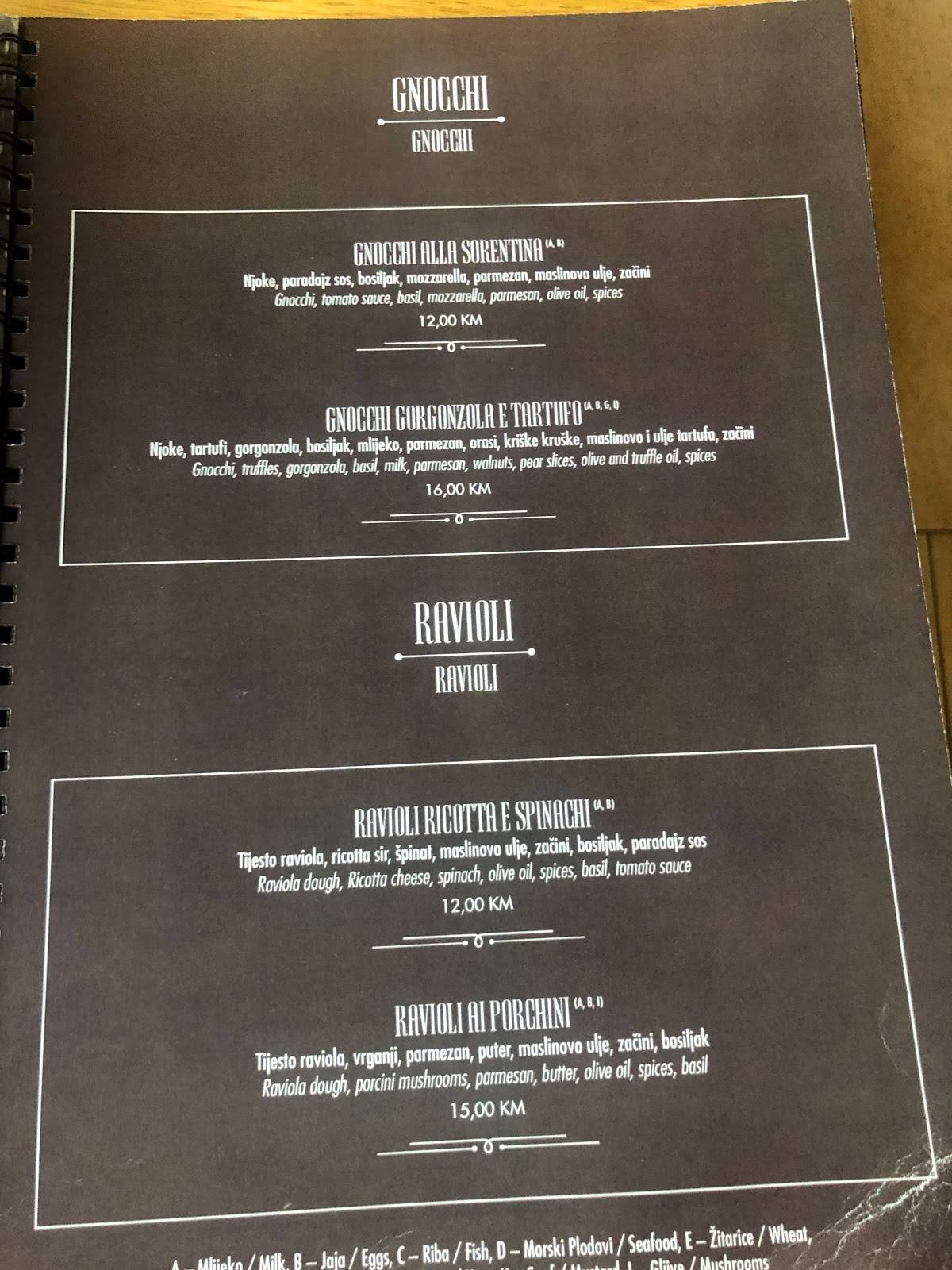 Menu at Spazio Gourmet restaurant, Sarajevo