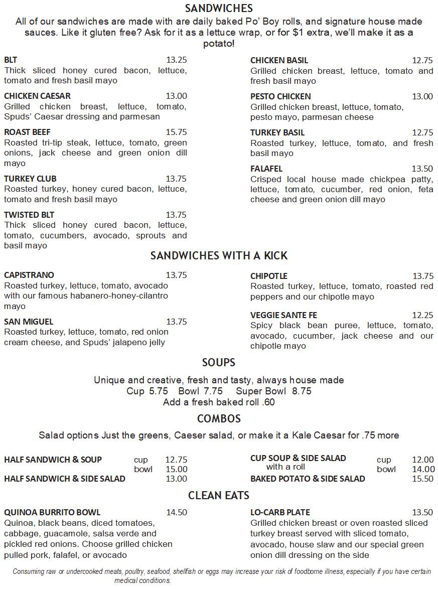 Menu at Spuds Waterfront Grill restaurant, Sandpoint