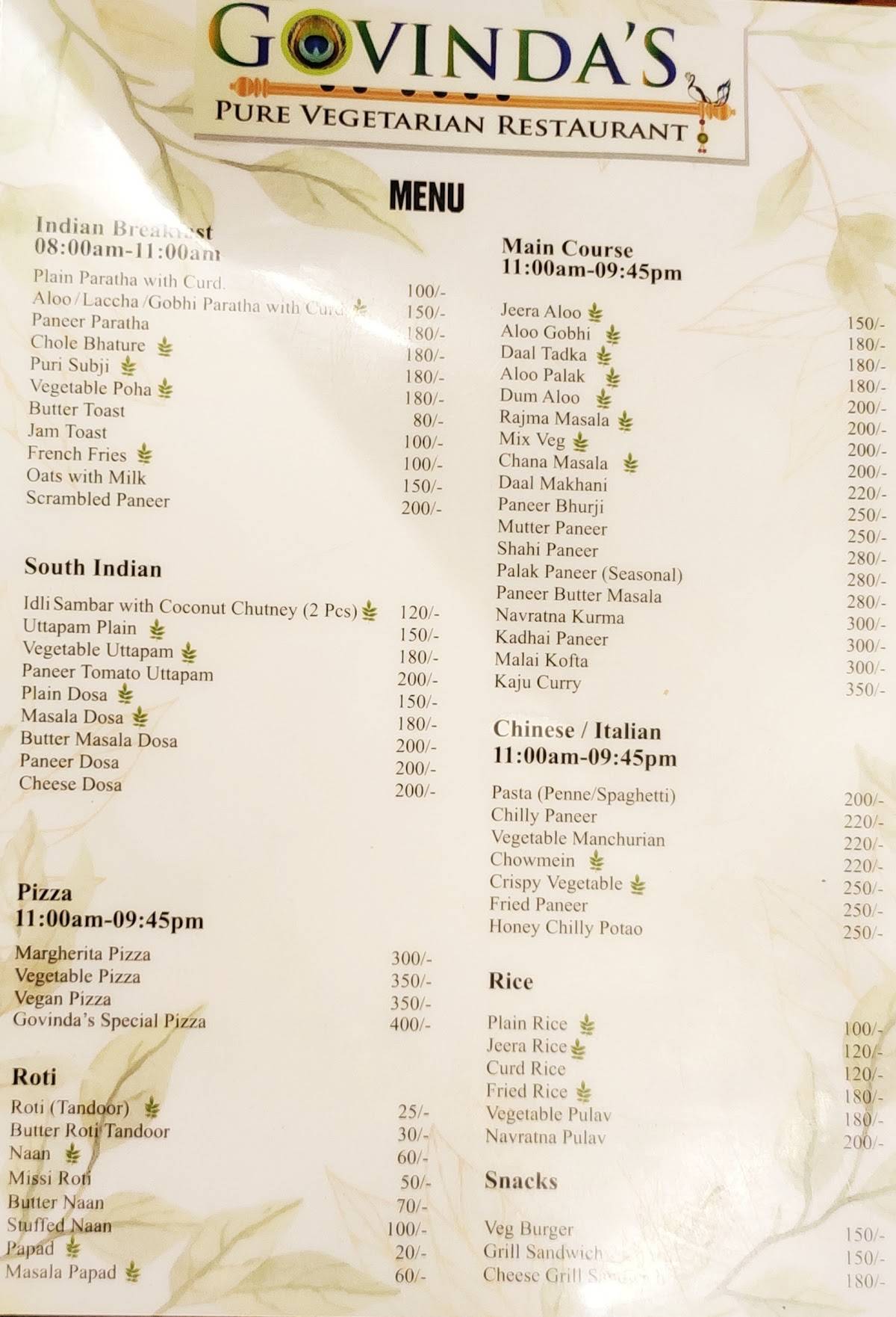 Menu at Sri Govinda's Restaurant, Vrindavan