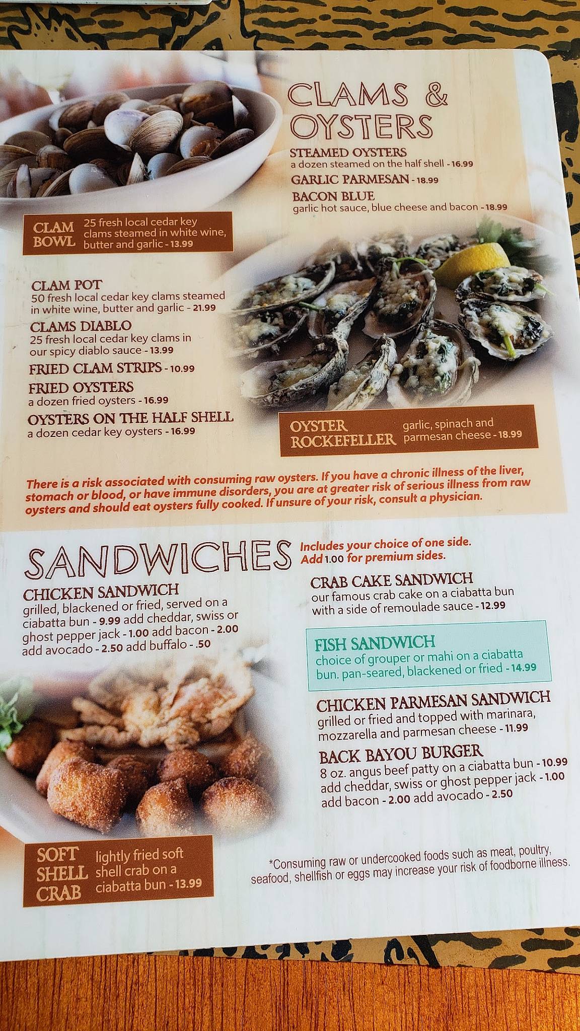 Menu at Steamers restaurant, Cedar Key, 420 Dock St