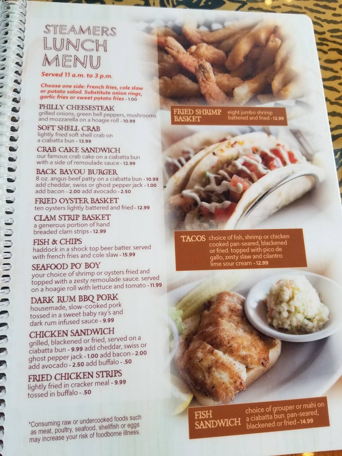 Menu at Steamers restaurant, Cedar Key, 420 Dock St