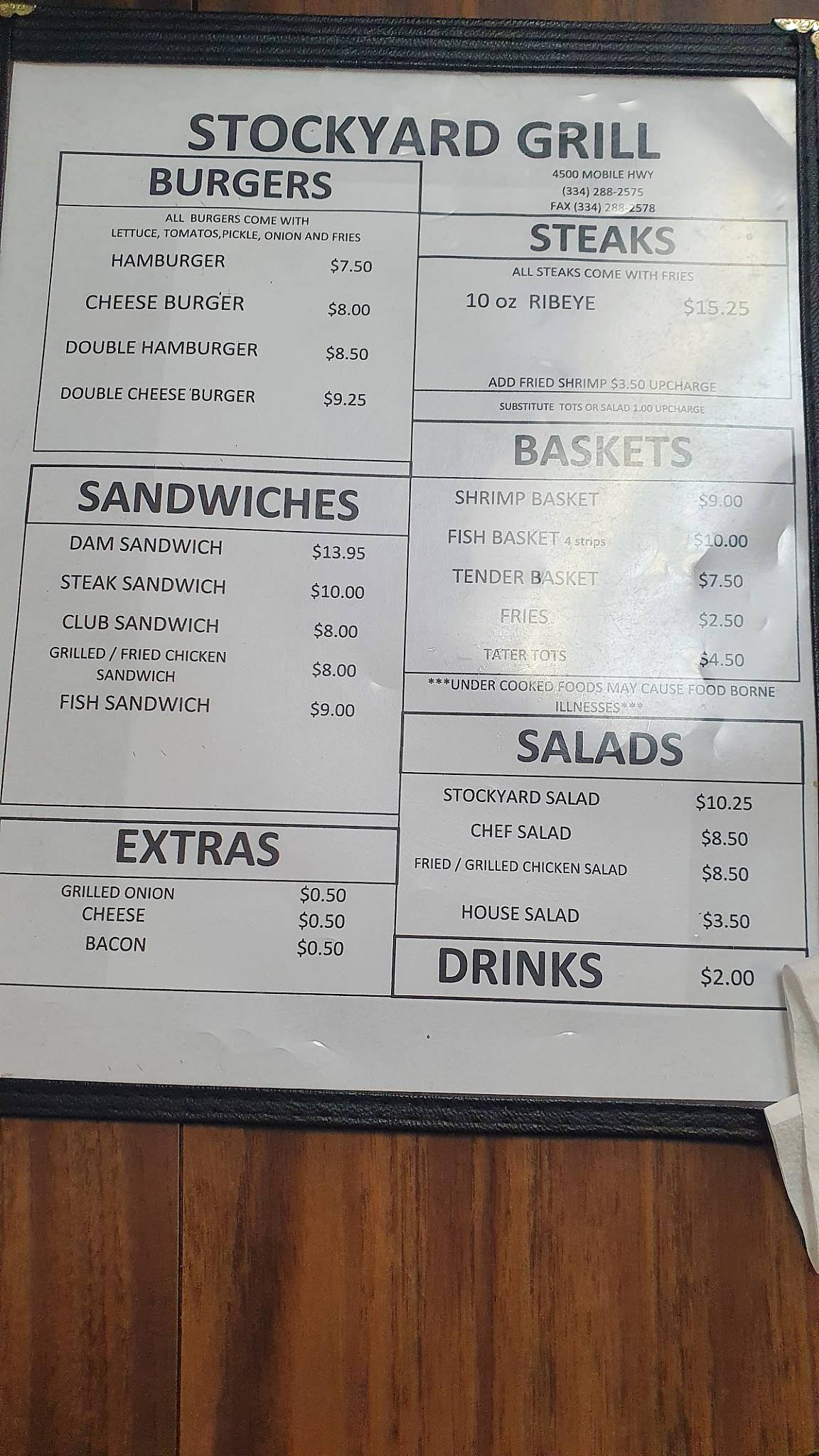 Menu at Stockyard Grill restaurant, Montgomery