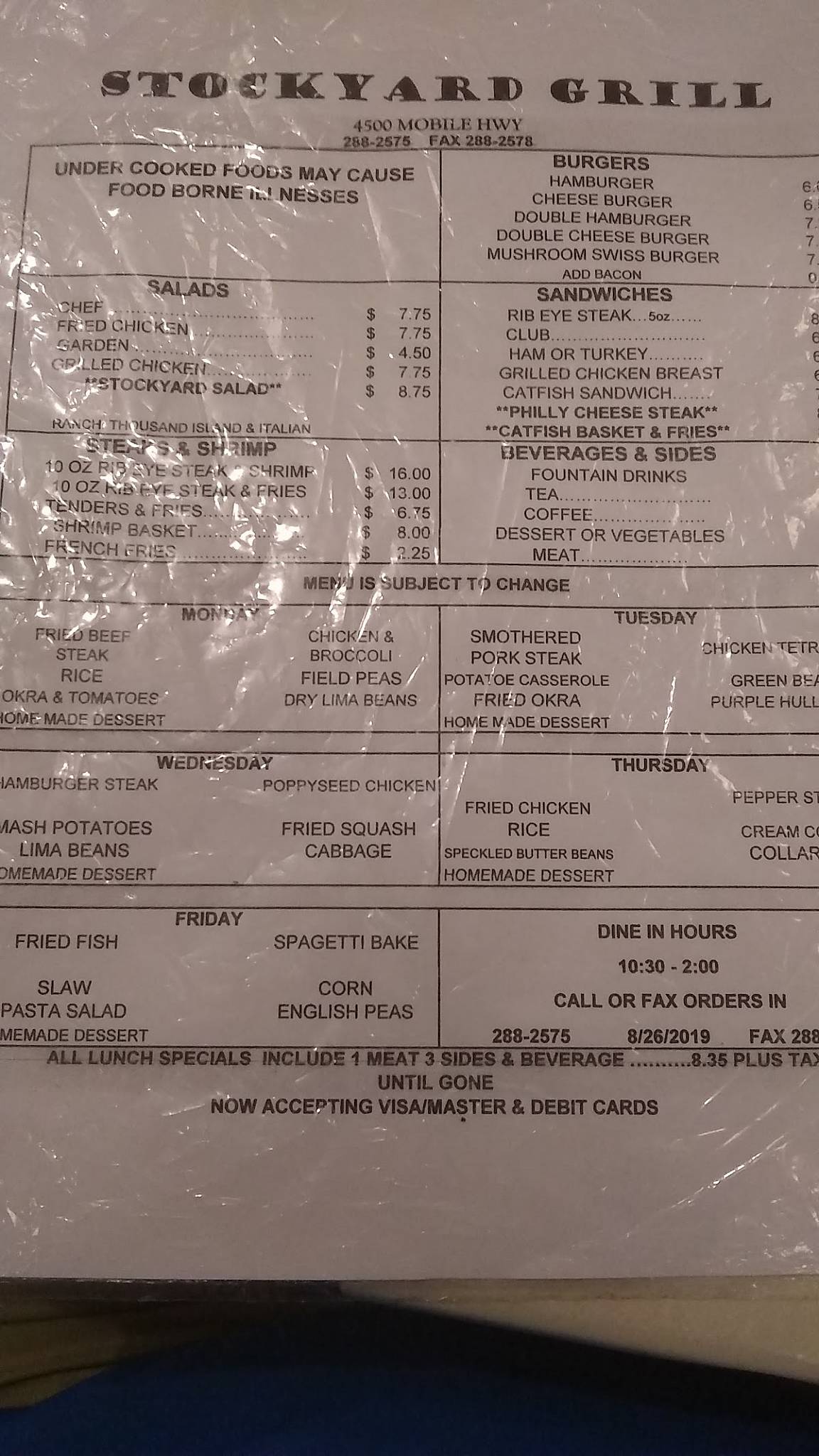 Menu at Stockyard Grill restaurant, Montgomery