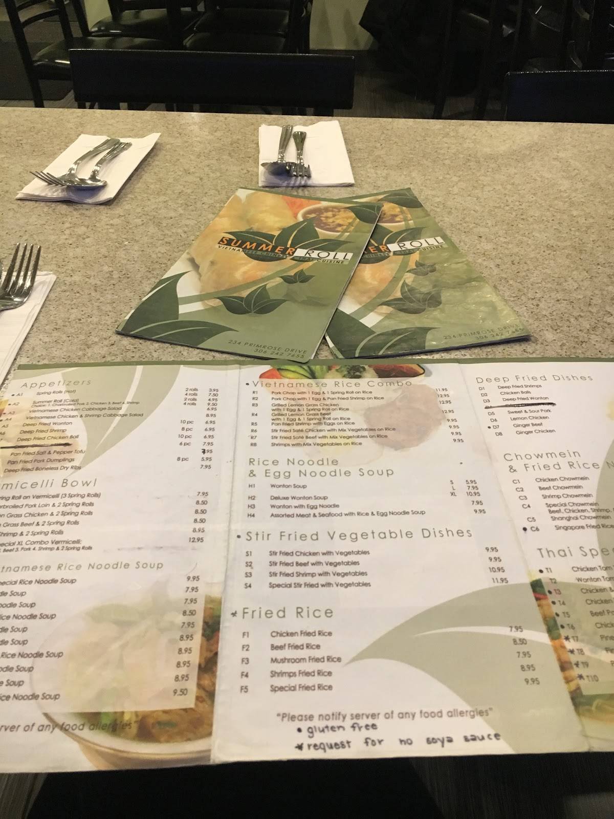 Menu at Summer Roll Restaurant, Saskatoon