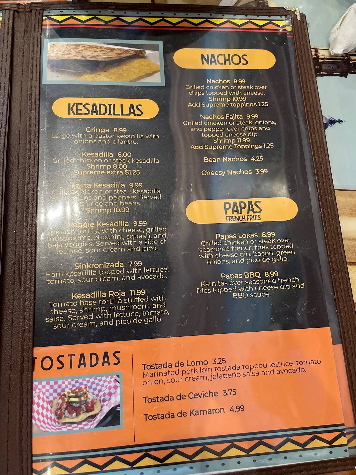 Menu at Takos Borukas restaurant, Jackson