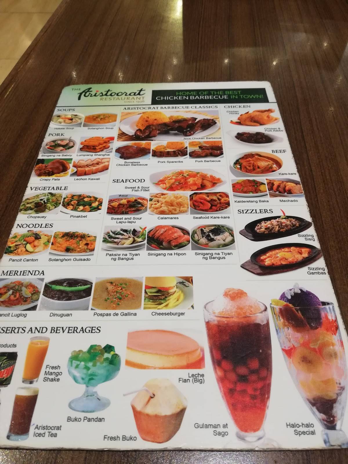 Menu at The Aristocrat Restaurant - Robinsons Place Manila, Manila ...