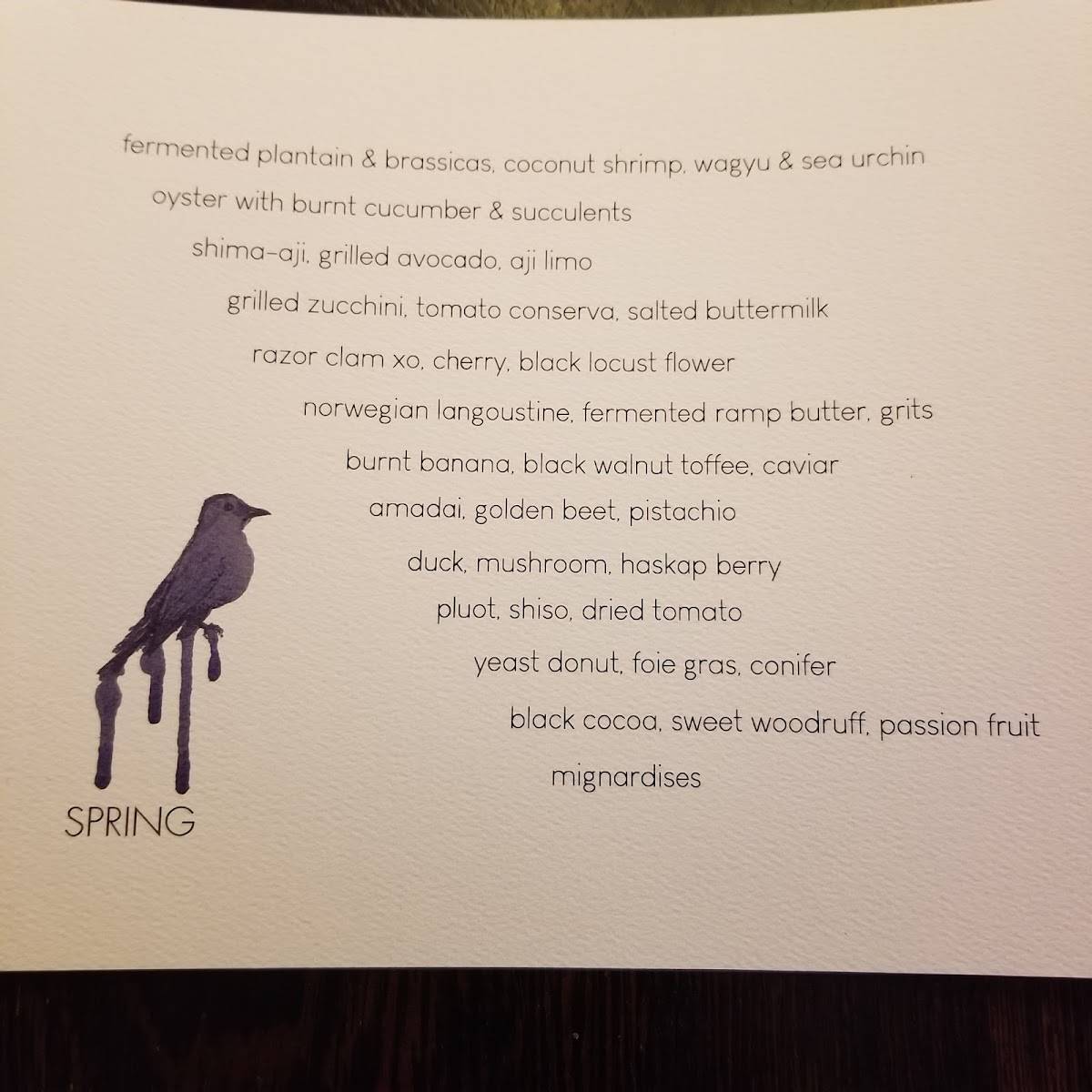 Menu at The Catbird Seat restaurant, Nashville
