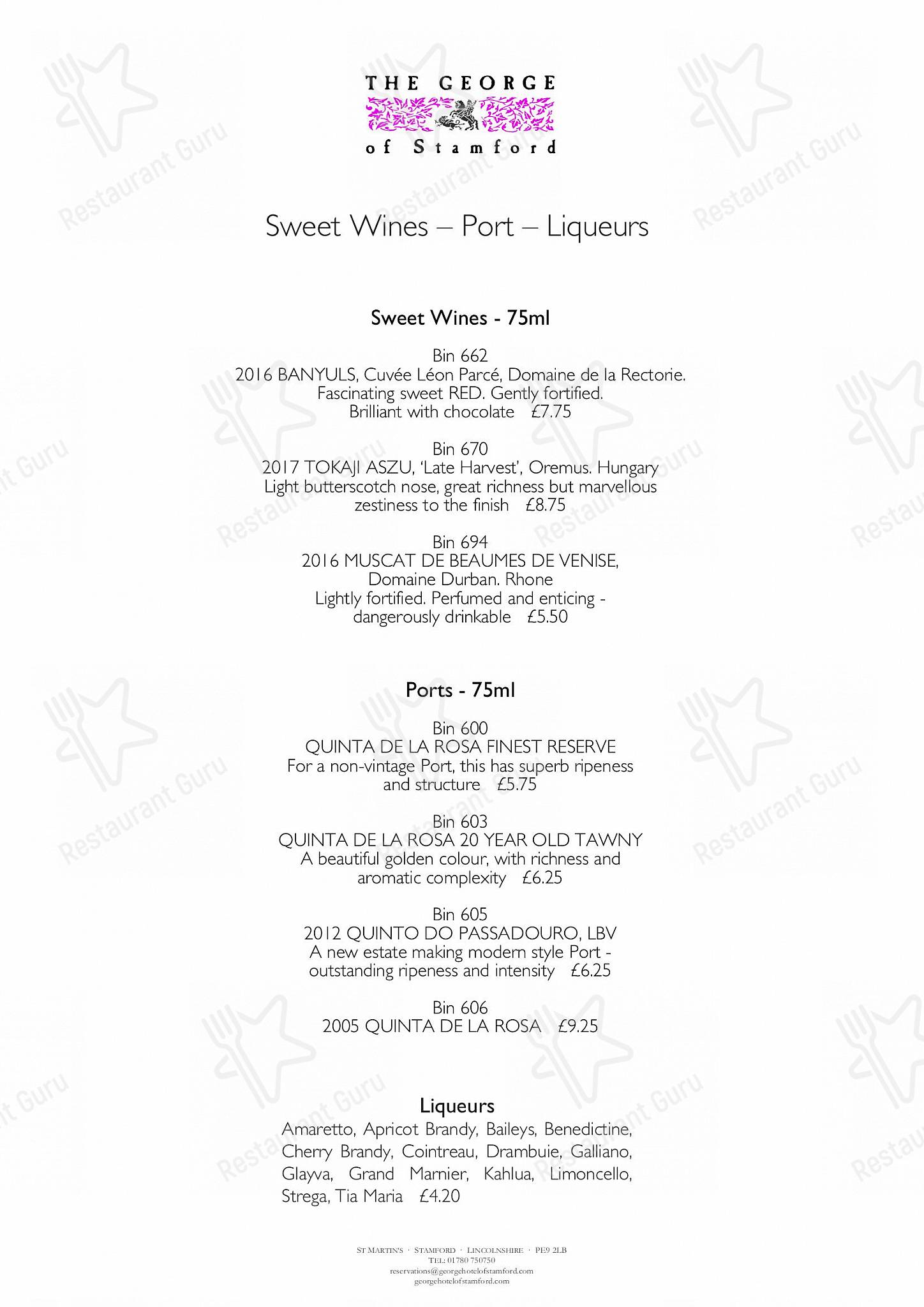 Menu at The George Hotel of Stamford restaurant, Stamford