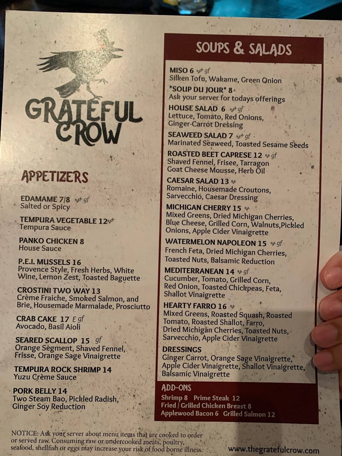 Menu at The Grateful Crow restaurant, Chelsea