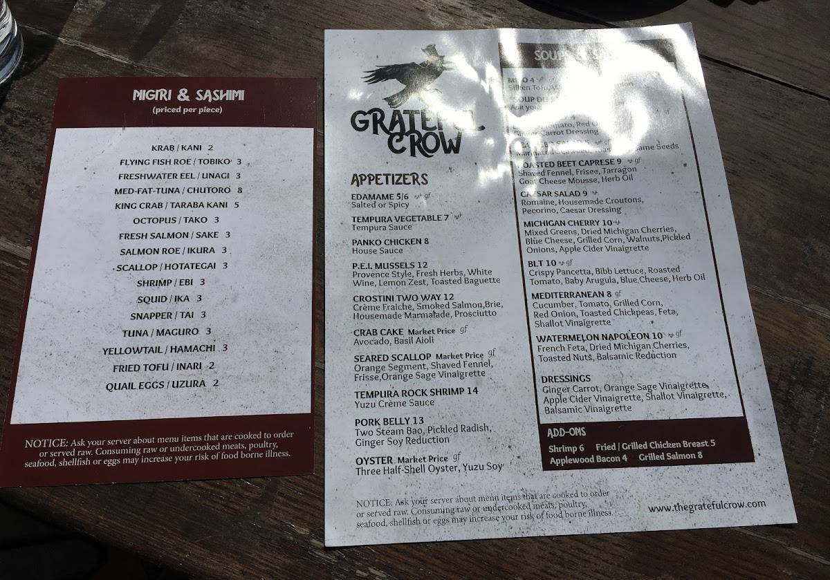 Menu at The Grateful Crow restaurant, Chelsea
