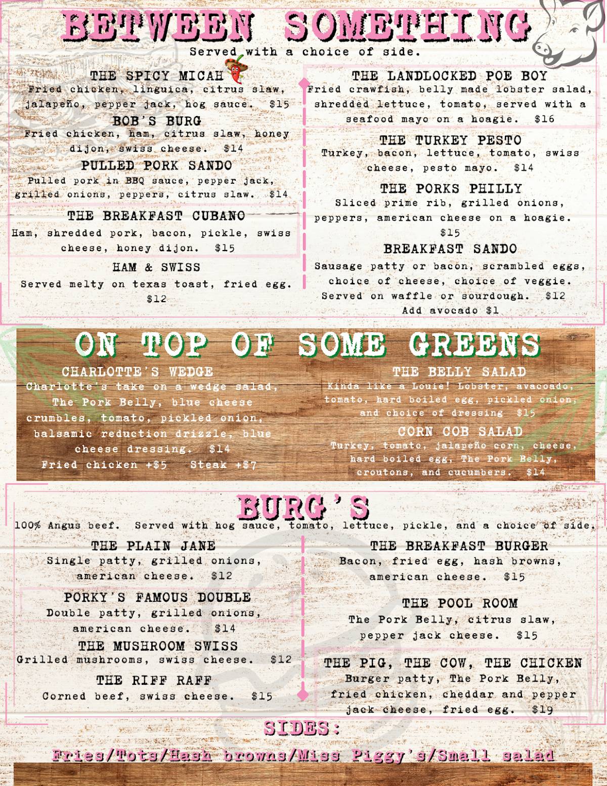 Menu at The Pork Belly restaurant, Kuna
