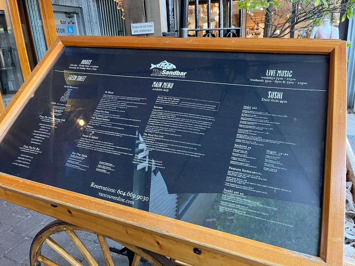 Menu at The Sandbar Seafood Restaurant, Vancouver