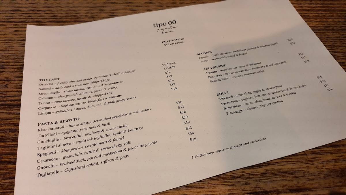 Menu at Tipo 00 restaurant, Melbourne