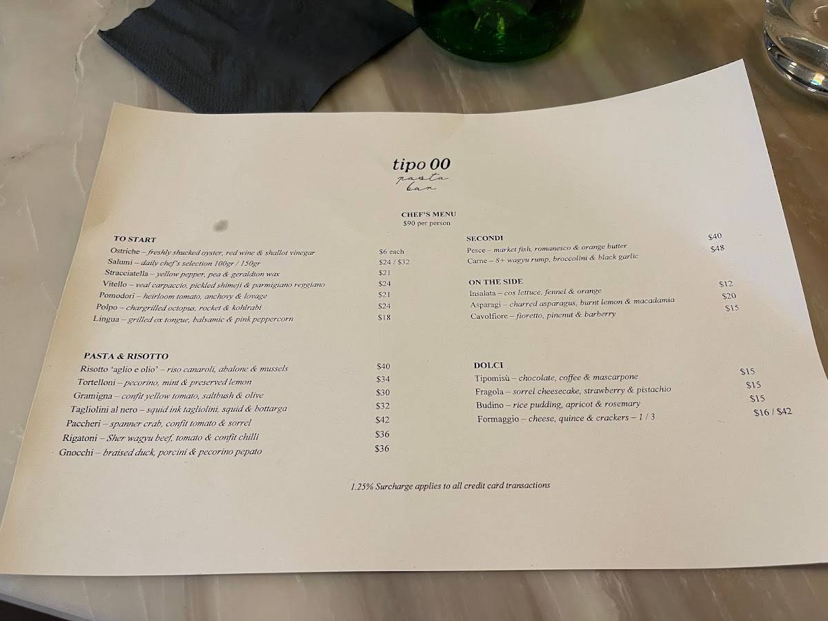 Menu at Tipo 00 restaurant, Melbourne