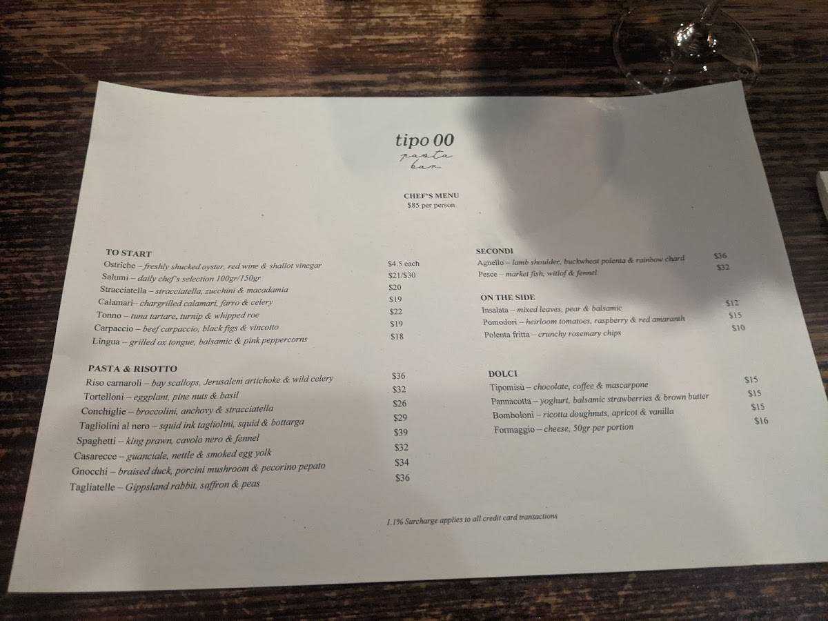 Menu at Tipo 00 restaurant, Melbourne