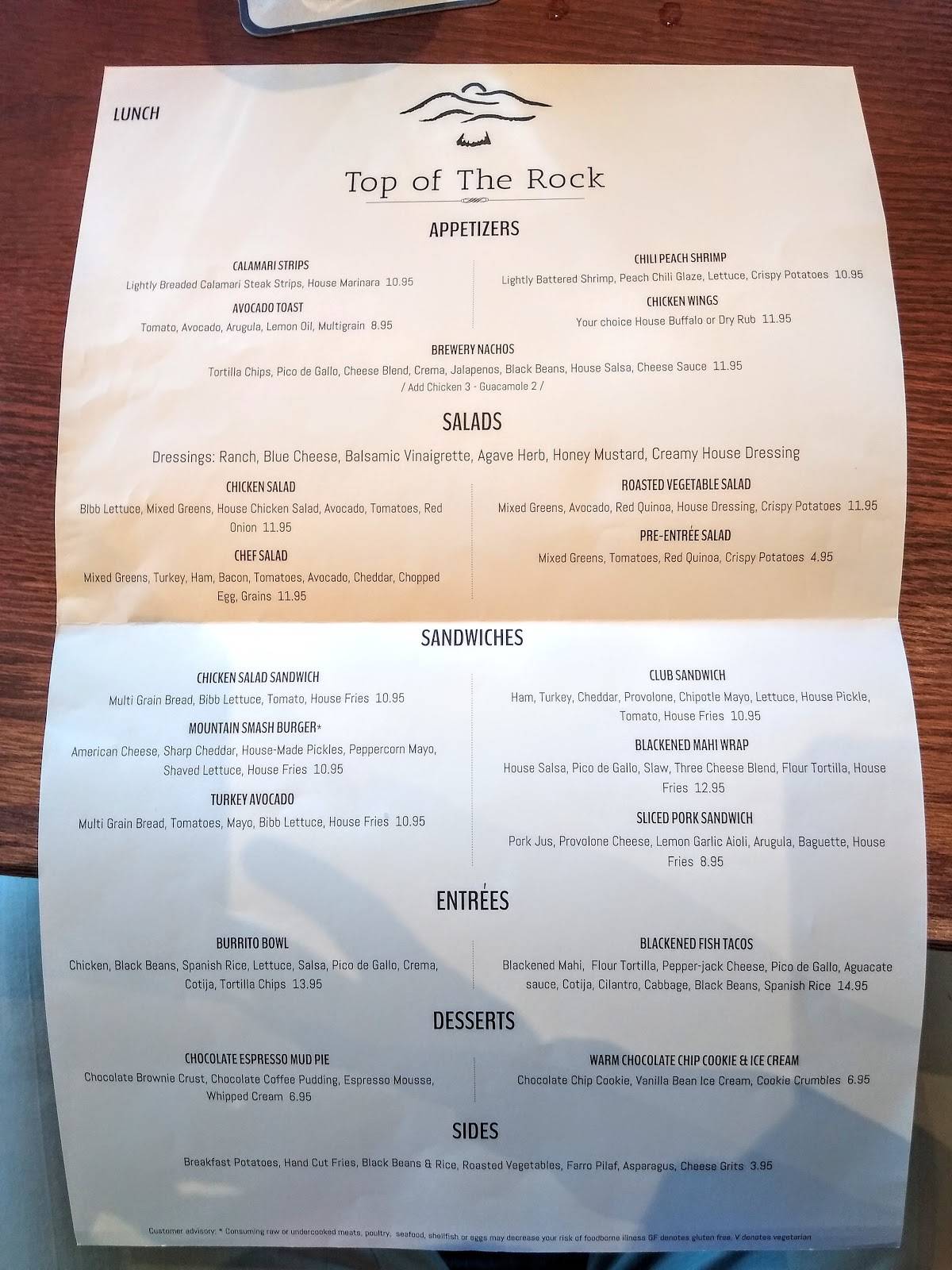 Menu at Top of the Rock Restaurant and Brewery, Jasper