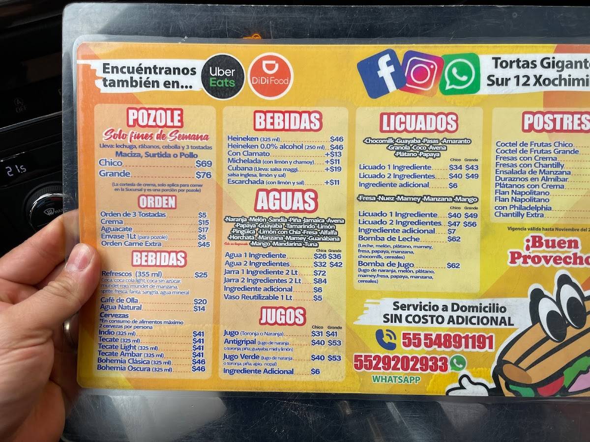 Carta del restaurante Tortas Gigantes Sur 12 XOCHIMILCO, Ciudad del ...