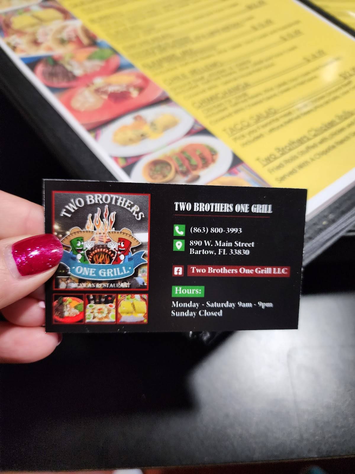 Menu at Two Brothers One grill restaurant, Bartow