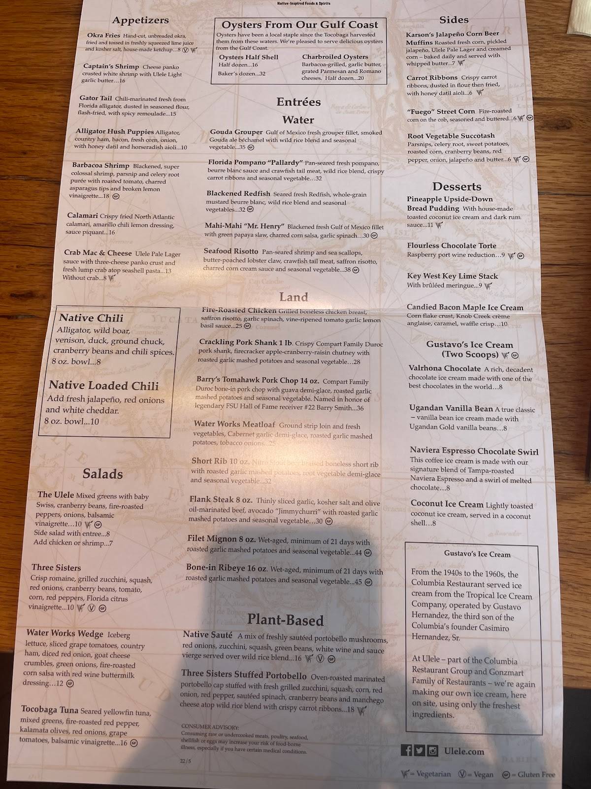 Menu at Ulele restaurant, Tampa, N Highland Ave
