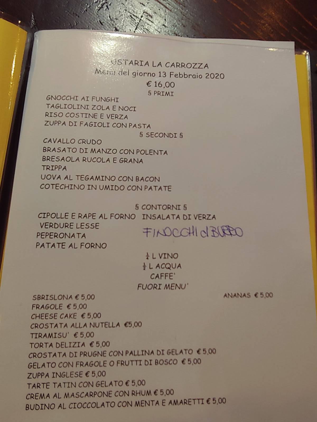 Menu da Ustaria La Carrozza ristorante, Piacenza, Via X Giugno