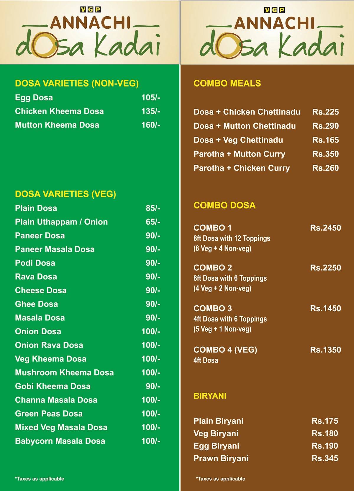 Menu at VGP Annachi Dosa Kadai, Chennai, G P Golden Beach Resort SH 49