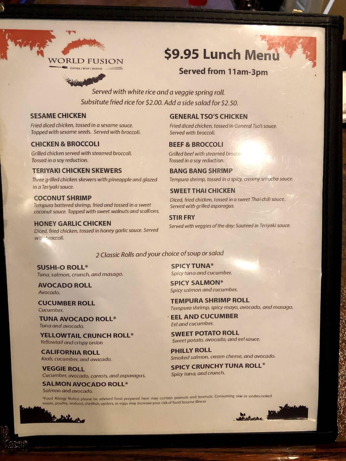 Menu at World Fusion restaurant, Lecanto