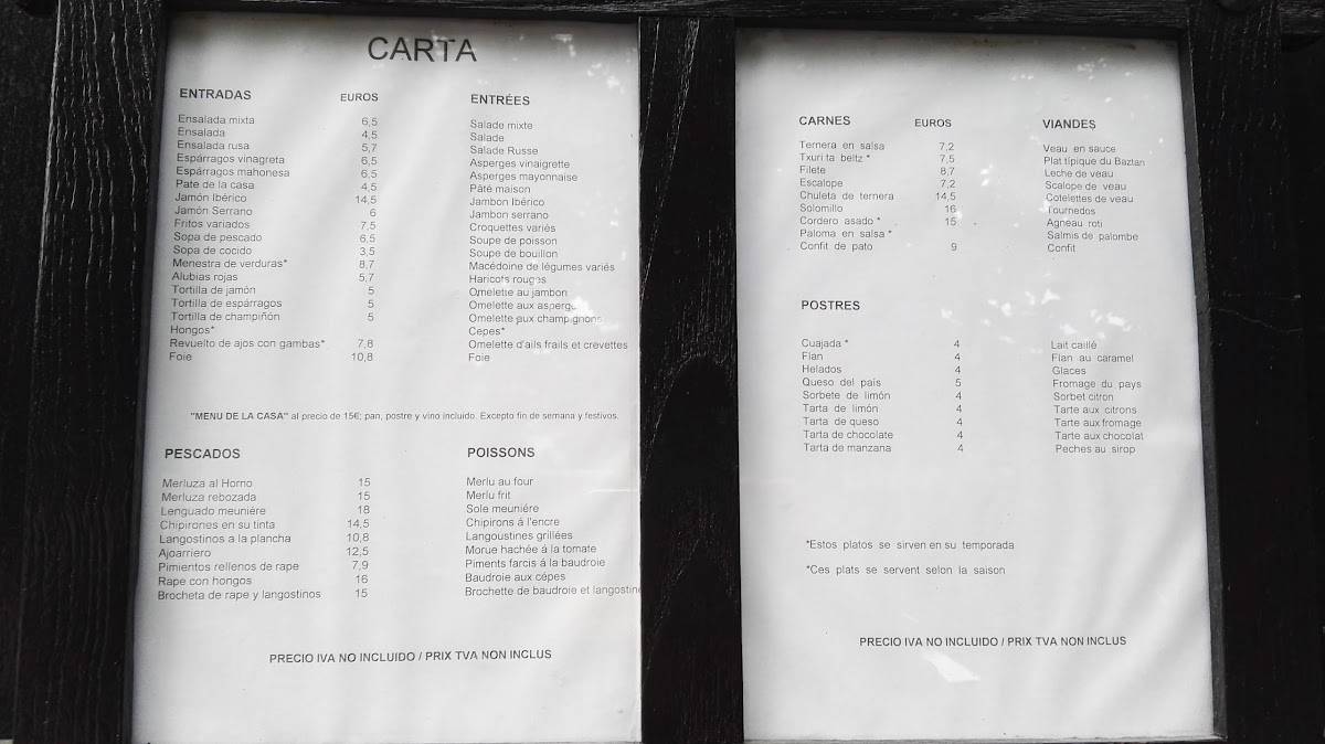 Carta de Restaurante Casa Galarza, Elizondo