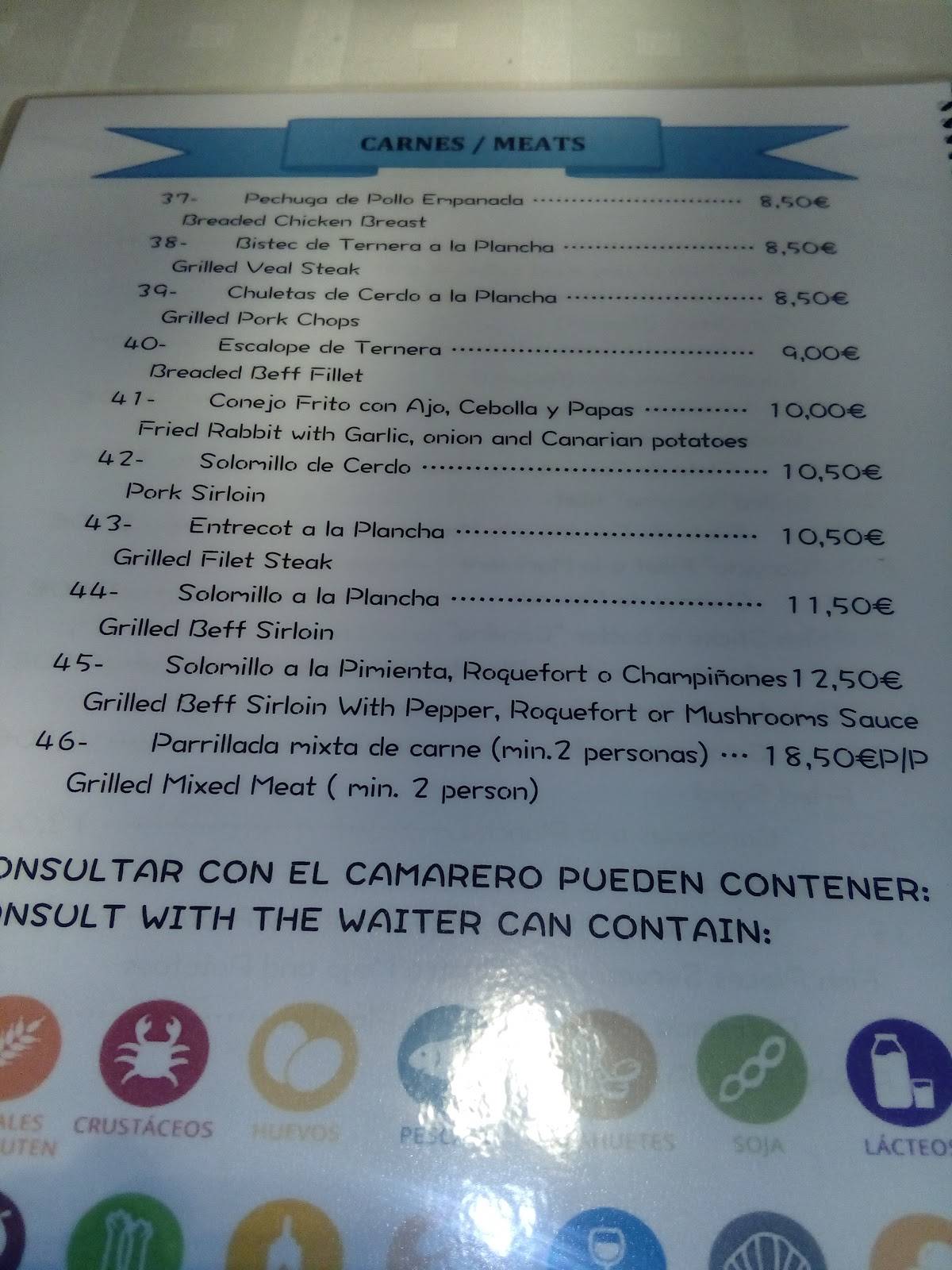 Menu at Restaurante Casa Jose, Playa Blanca, Calle