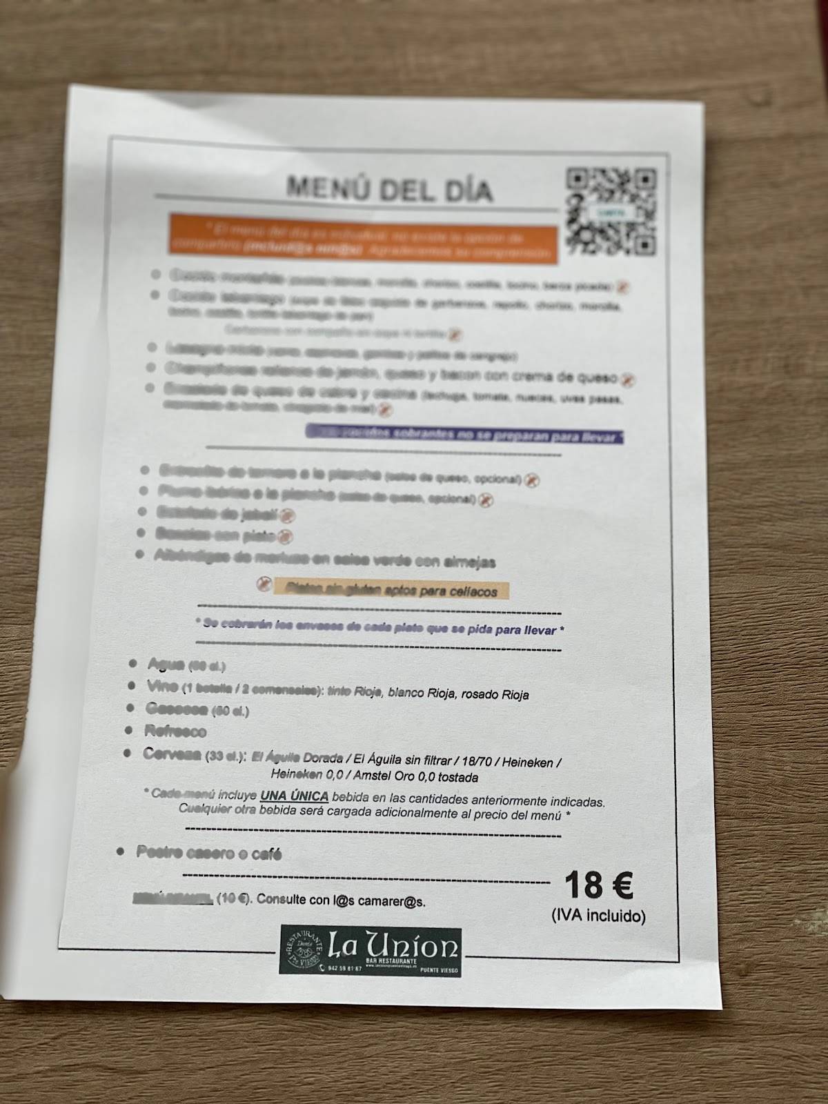 Carta del restaurante La Unión, Puente Viesgo, Carretera General