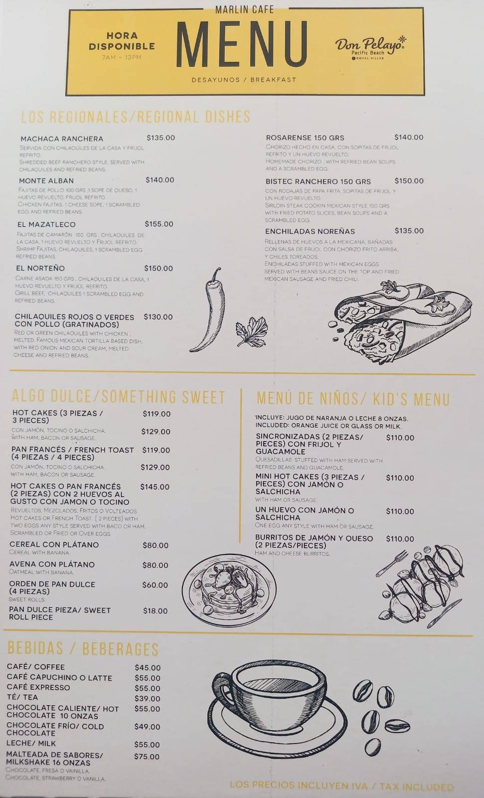 Carta de Restaurante Marlín Café de Hotel Don Pelayo, Mazatlán