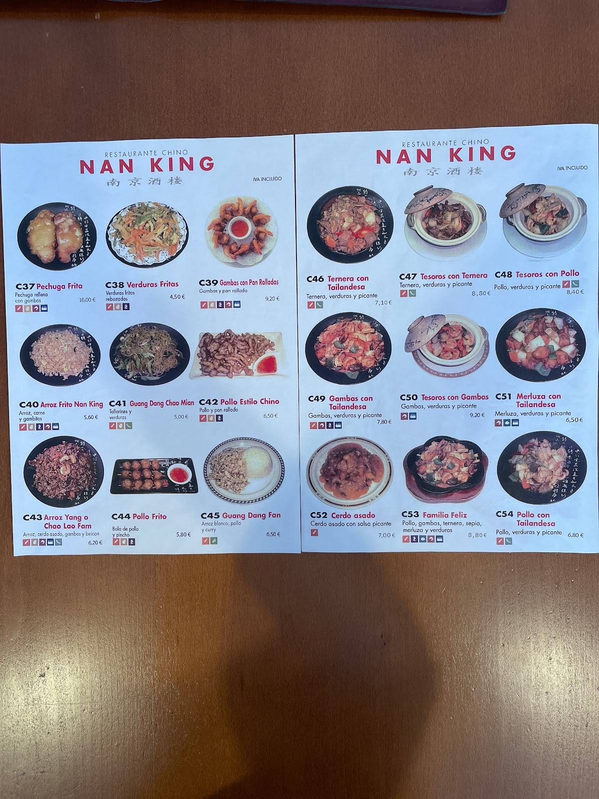 Carta de Restaurante Nan King, Alicante, Calle Deportista Navarro Olcina